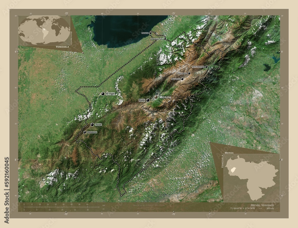 Merida, Venezuela. High-res satellite. Labelled points of cities Stock ...