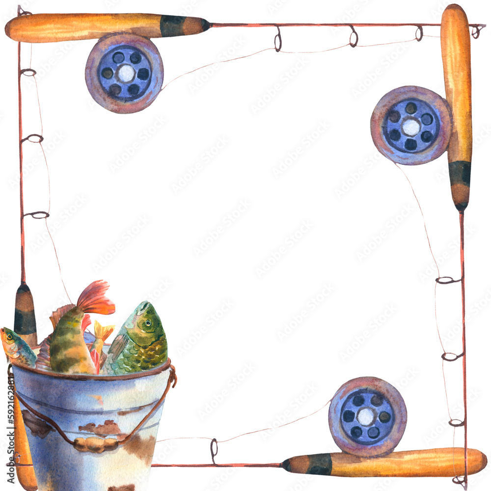 Fishing frame with fishing rods and backet with fishes. Watercolor ...