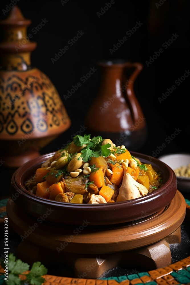 Tajine marocain, poulet légumes et coriandre, dans un plat en terre ...