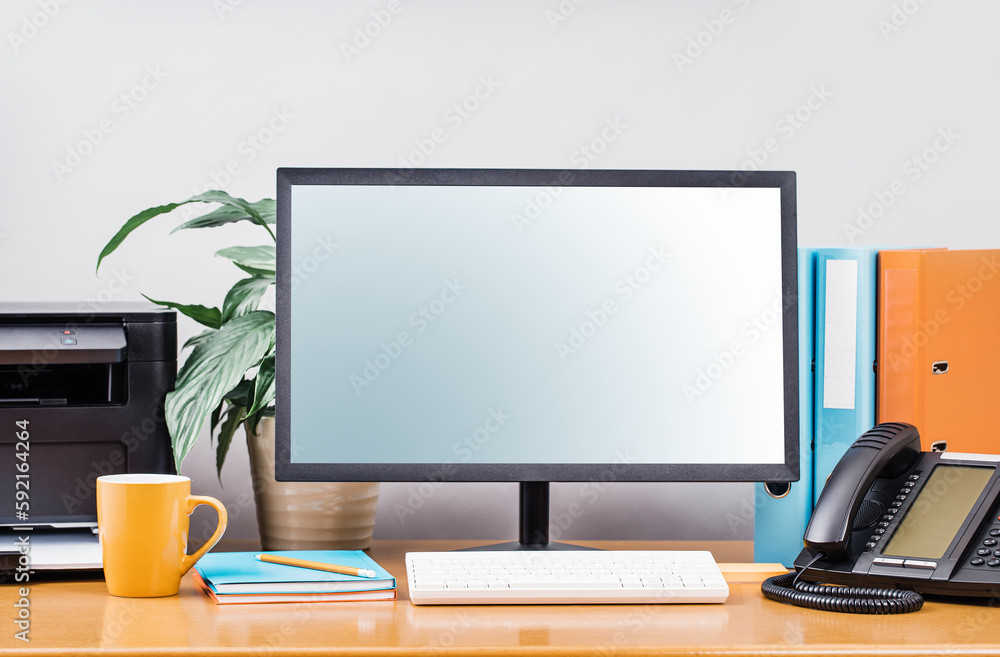 traditional modern office desk with mockup monitor screen, supplies and ...