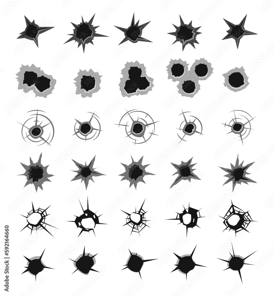 bullet marks. gunshot weapons impact marks. Vector template set Stock ...