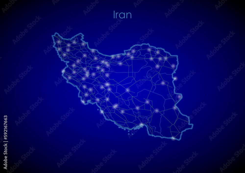 Iran concept map with glowing cities and network covering the country ...
