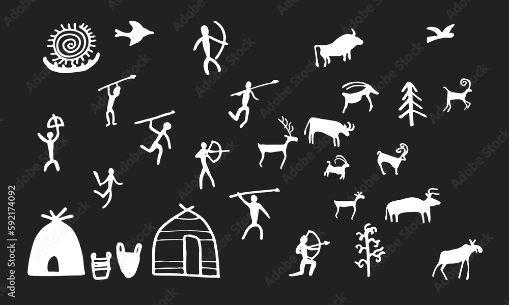 Cave painting prehistoric rock art hand drawn sketch style vector ...