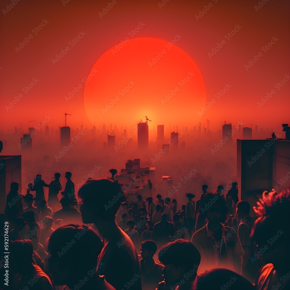 packed rooftop party in tokyo red hazy sunet spring good vibes ultra ...