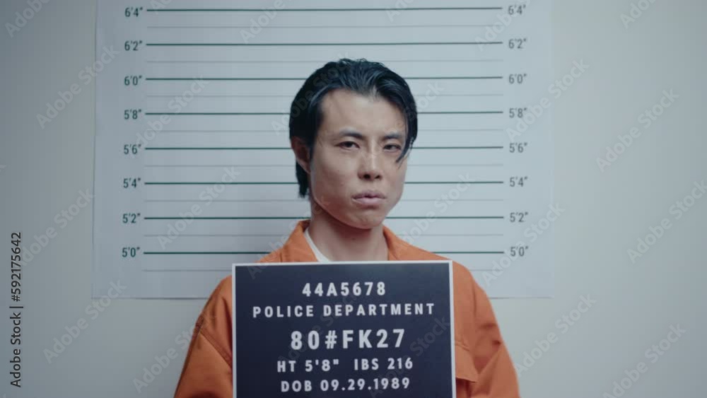 Mugshot of Asian criminal in orange uniform holding a sign posing on ...