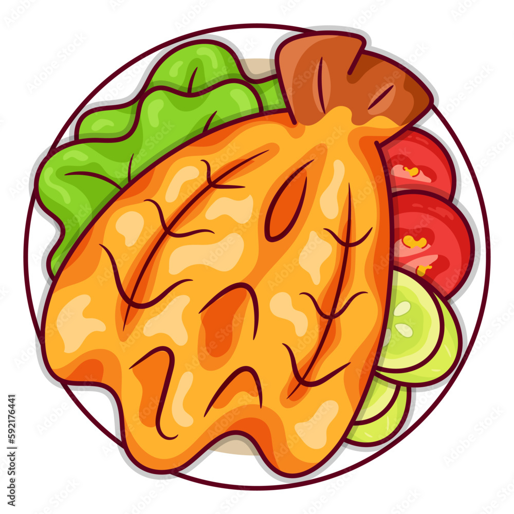 Thai fried snapper with fish sauce illustration vector. Asian deep ...