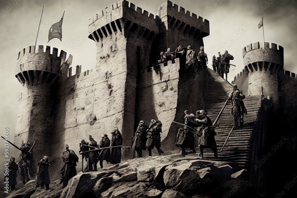 siege army preparing for the final assault on stone castle, with ...
