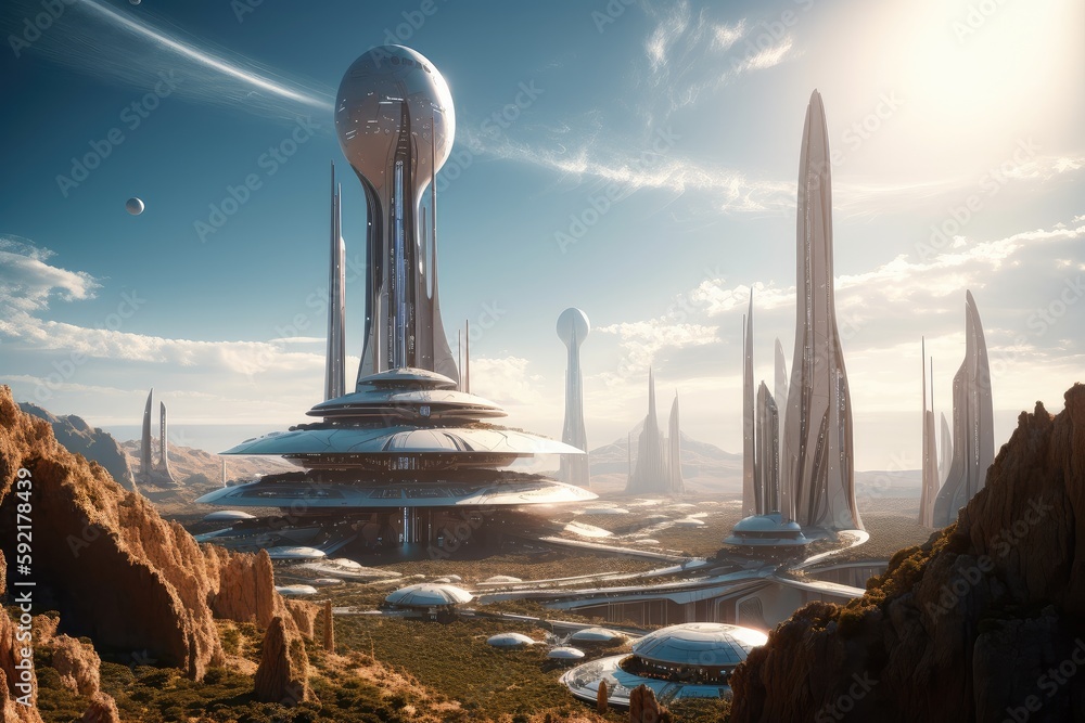 futuristic space colony, with towering buildings and sleek architecture ...
