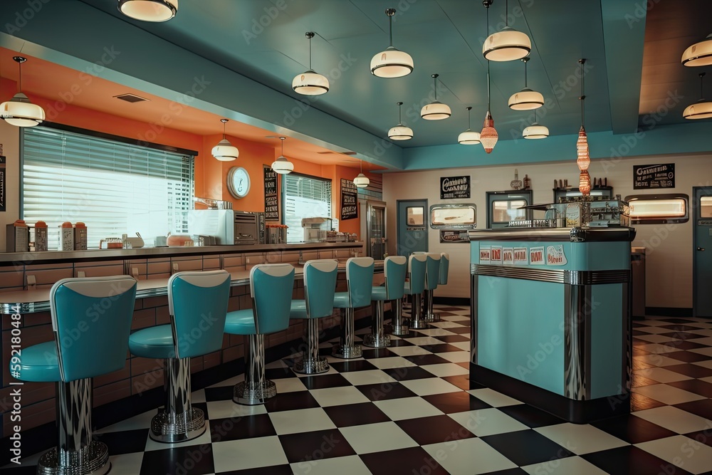 fast food restaurant with retro interior, featuring iconic 50s diner ...