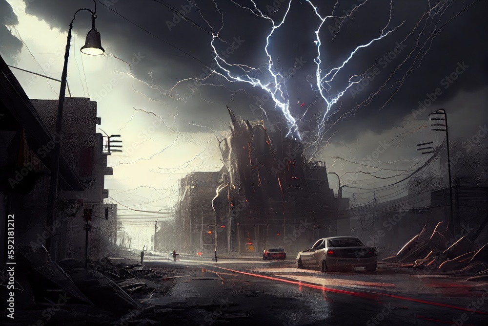 postapocalyptic city ravaged by storm, with tornadoes touching the ...