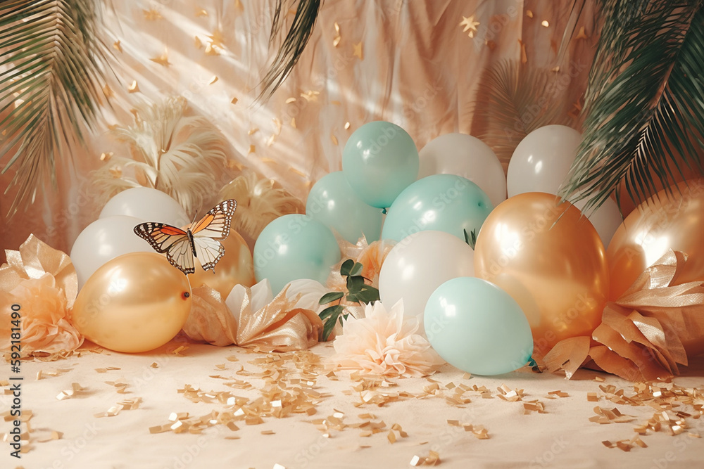 Butterfly and balloons as birthday baby photography backdrop, pastel ...
