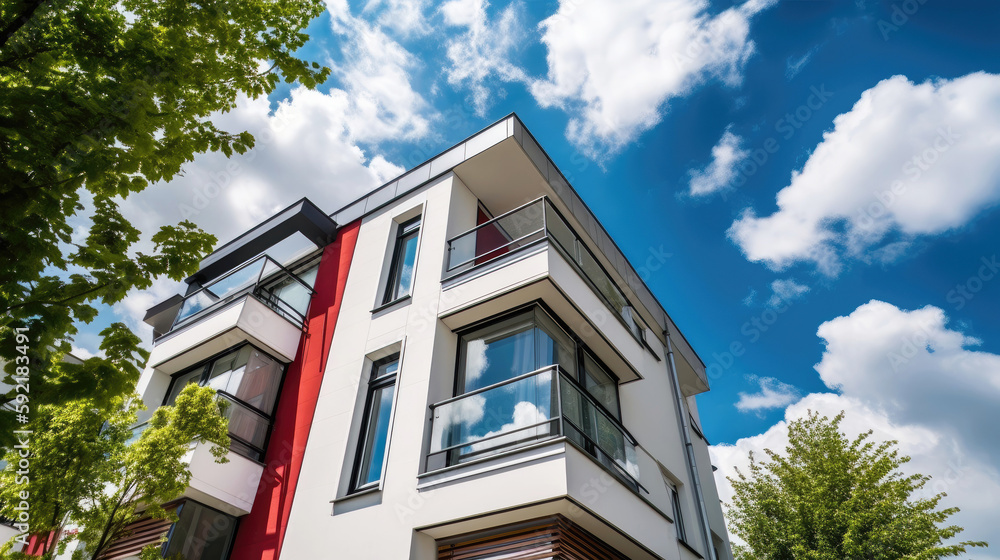 Worm's eye view of modern German apartment house with balconies as ...