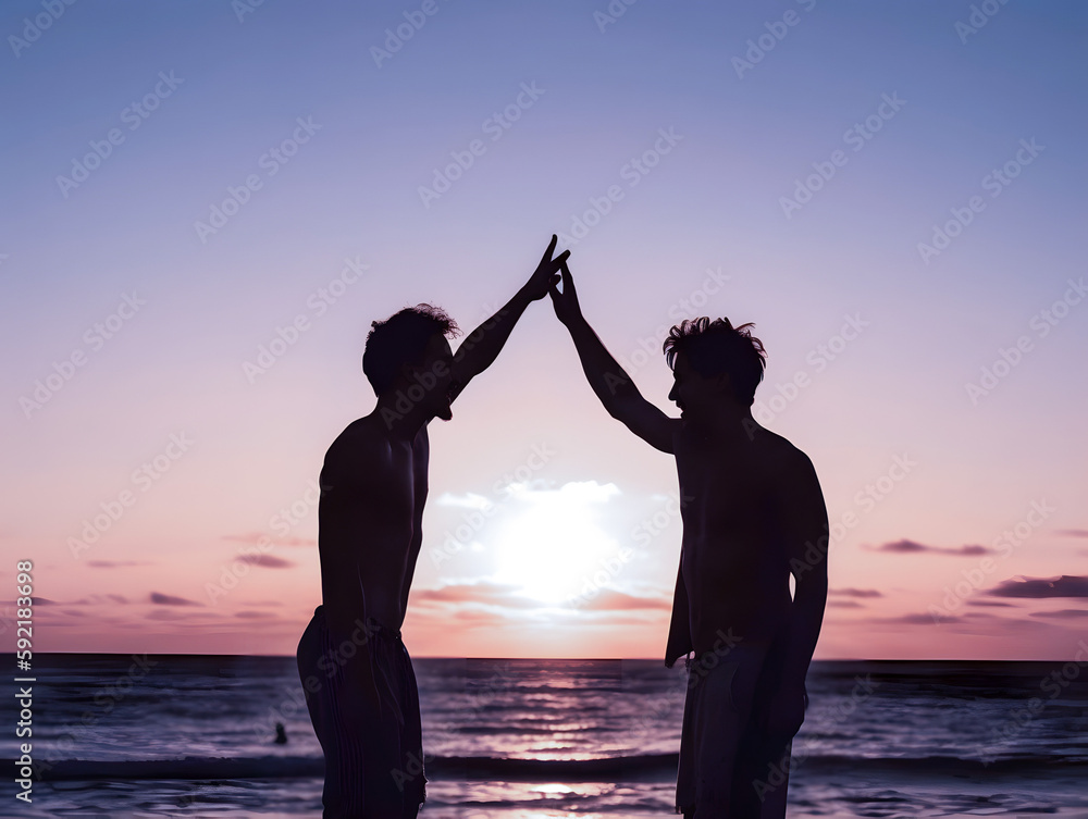 Two men clapping each other at sunset. Concept of national high five ...