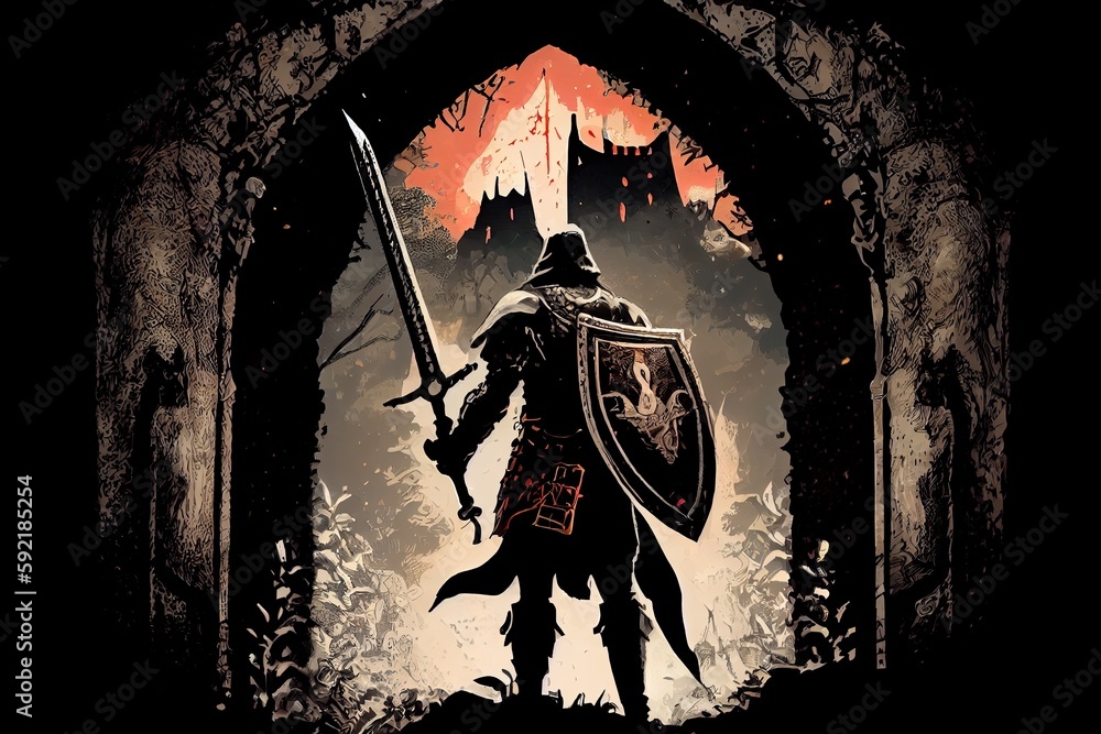warrior storming a castle, with sword drawn and shield in hand, ready ...