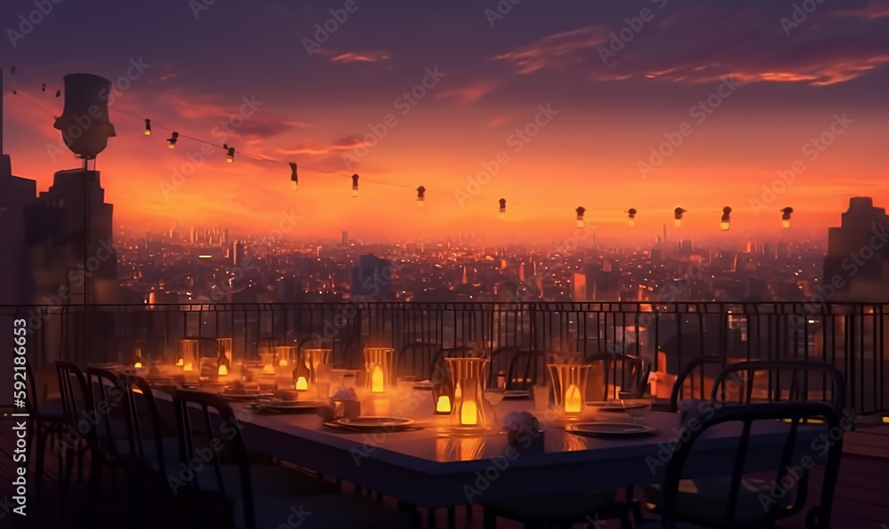 rooftop dinner bar and restaurant of building cityscape landscape, at summer twilight sunrise ...