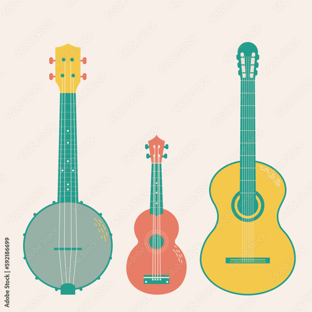 Vector set of musical strings instruments in cartoon flat style ...