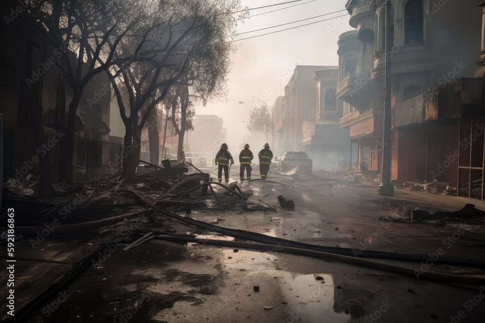 burned city street, with firefighters dousing the flames and clearing ...