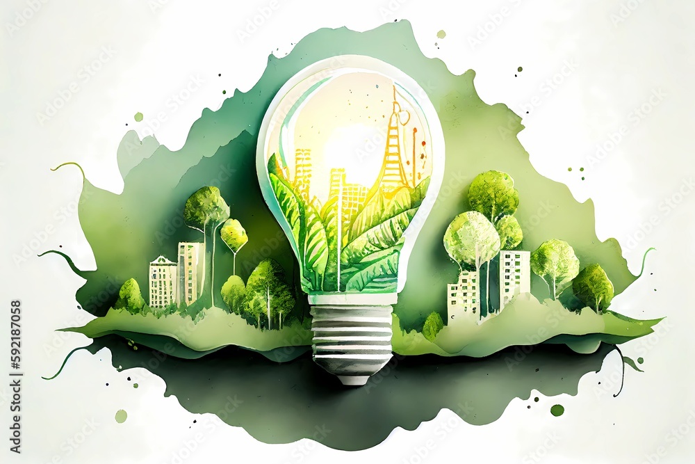 Watercolor light bulb green eco renewable energy concept. Generative ai ...