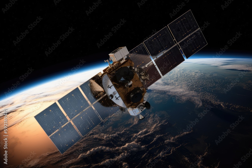 satellite with solar panels, orbiting the earth in outer space, created ...