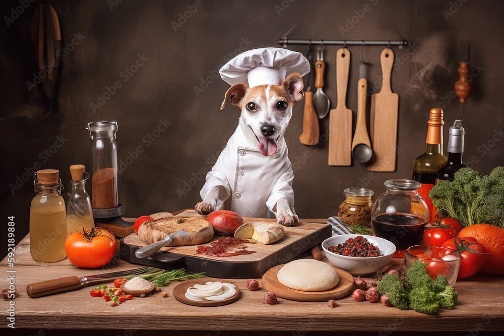 dog chef preparing culinary masterpiece with ingredients and utensils ...