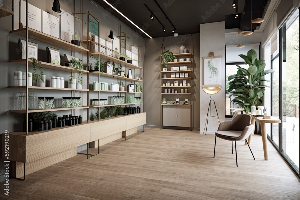 cannabis dispensary with minimalist decor, sleek and simple design, and ...
