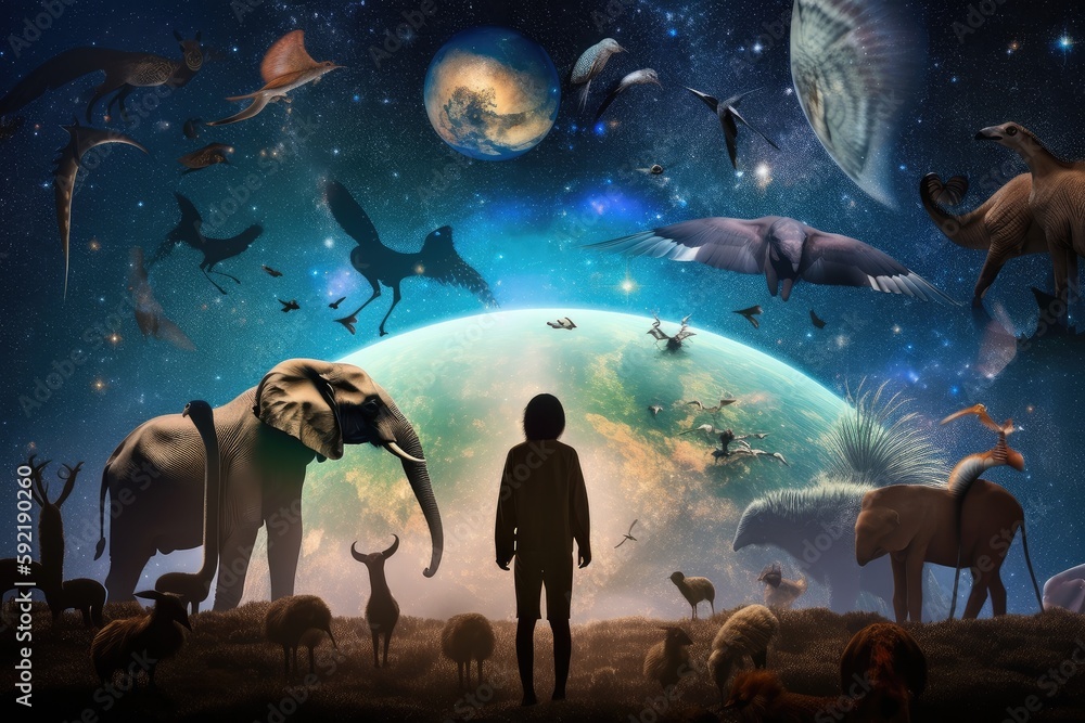 person, exploring the cosmic zoo, with diverse animals and their ...