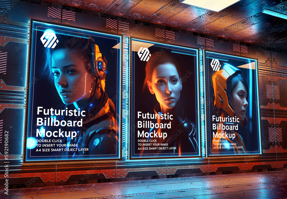 Three Billboards Mockup in Futuristic City Interior Stock Template ...