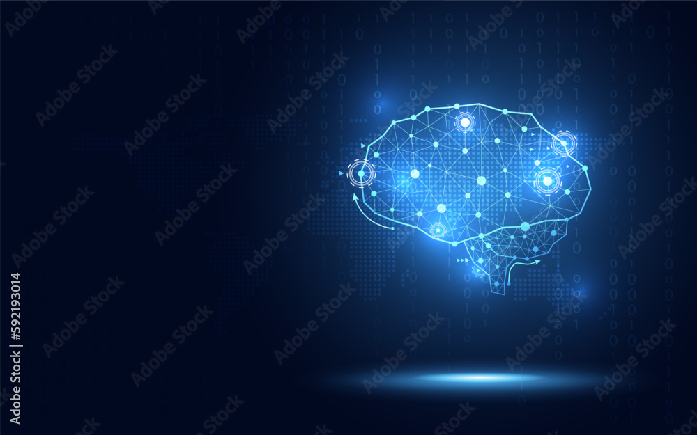 Smart glowing brain on blue abstract digital binary code background. Sciene technology and ...