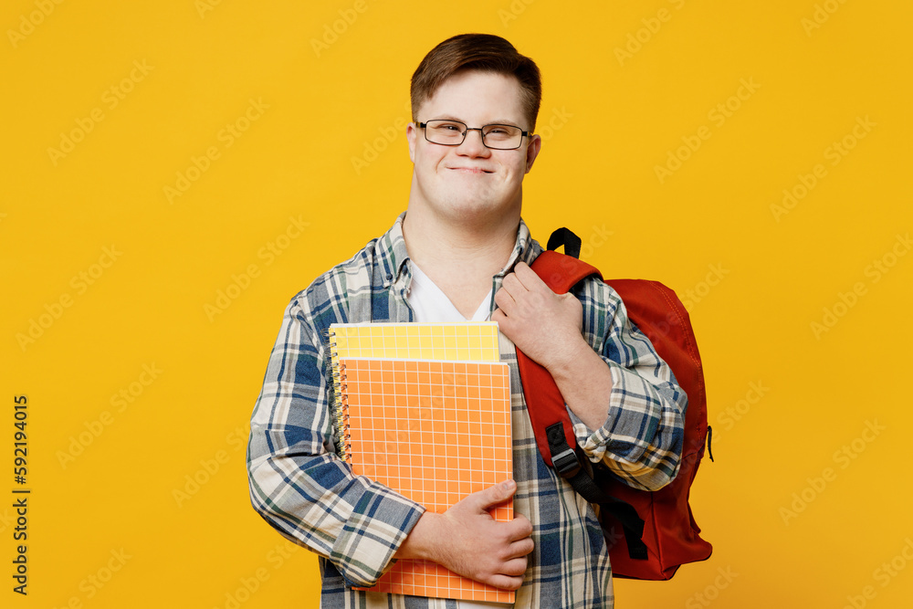 Poster Young smiling smart man with down syndrome wear glasses casual ...