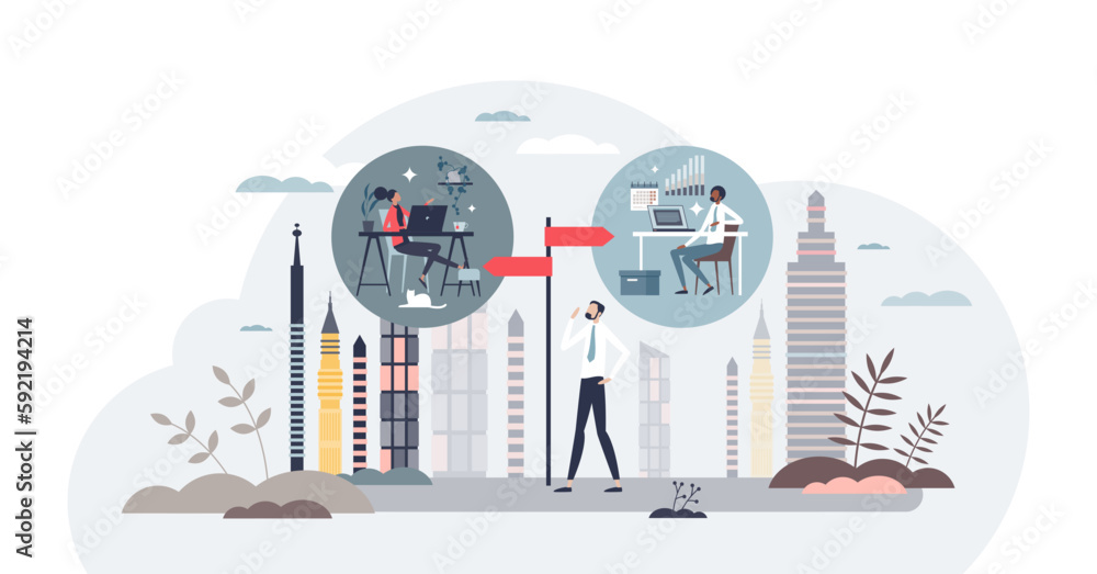 Vetor de Hybrid work policy as flexible location in office or home tiny ...