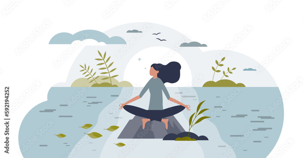 Mindfulness meditation, mental peace and yoga in nature tiny person ...