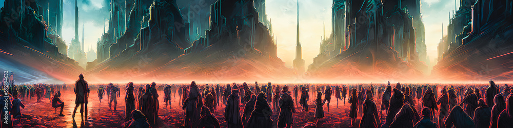 In a dystopian world, people protest in an open space. Scary and creepy ...