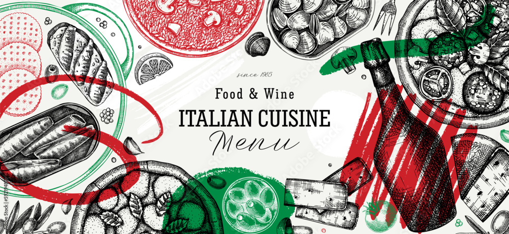 Grafika wektorowa Stock: Italian food and drinks vector background ...