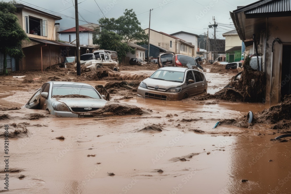 flash flood hits a town, with buildings and cars submerged in water ...