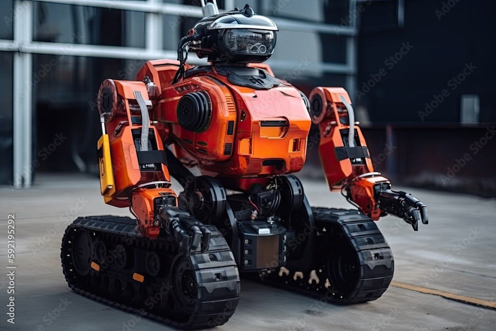 high-tech robotic firefighter, equipped with advanced sensors and ...