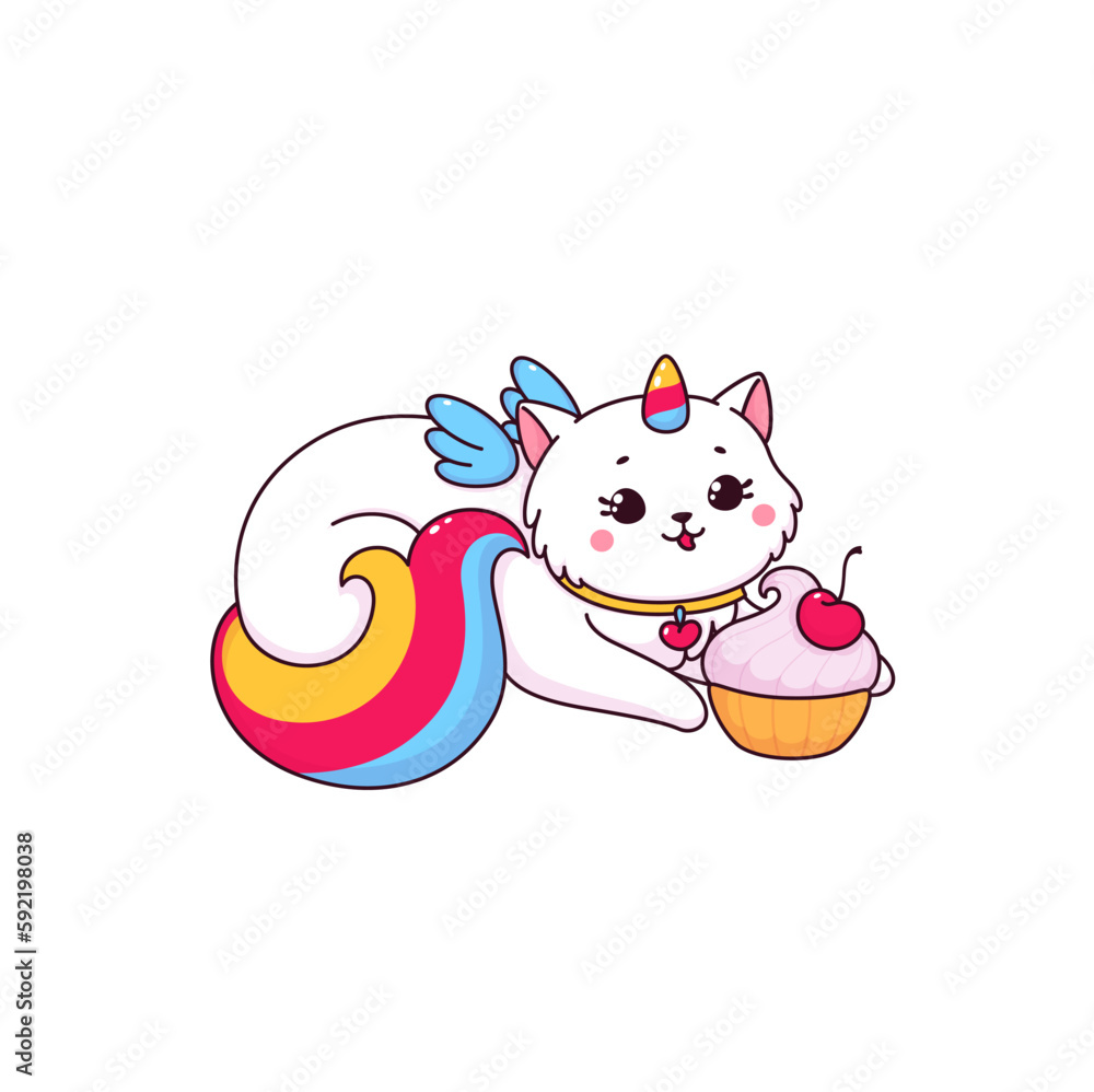 Cartoon cute caticorn character with cupcake. Vector cheerful kawaii ...