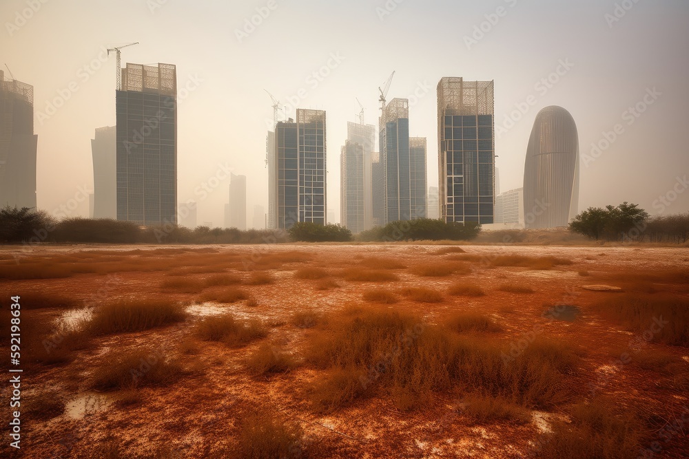 desert mirage of towering skyscrapers, floating in the desert heat ...