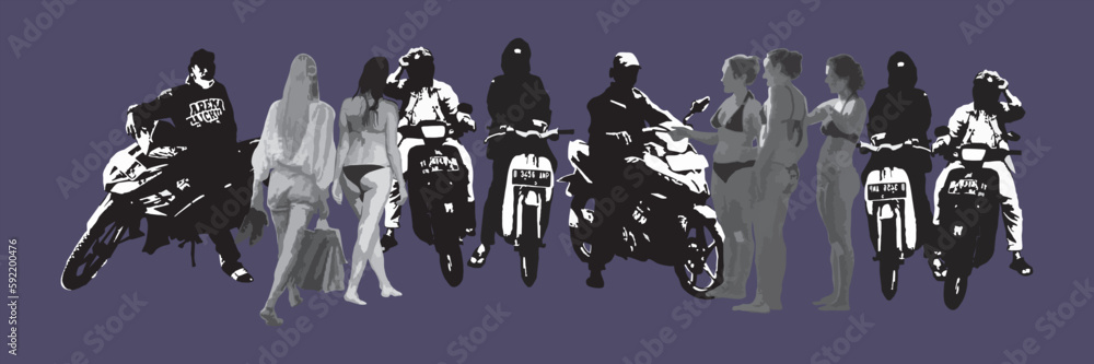 Digital illustration of ojeg base and prospective tourist passengers in ...