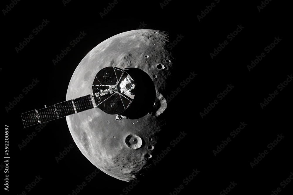space probe orbiting the moon, with its shadow and craters visible ...