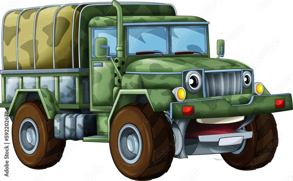 cartoon happy and funny off road military truck vehicle with cargo ...