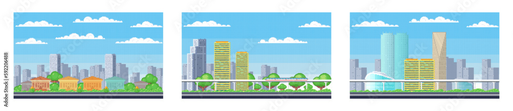 Pixel art landscape. Urban street view, 8 bit city park road, with ...