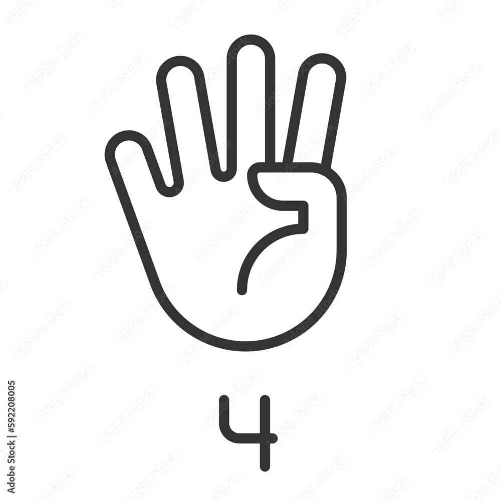 Digit four sign in ASL pixel perfect linear icon. Nonverbal ...