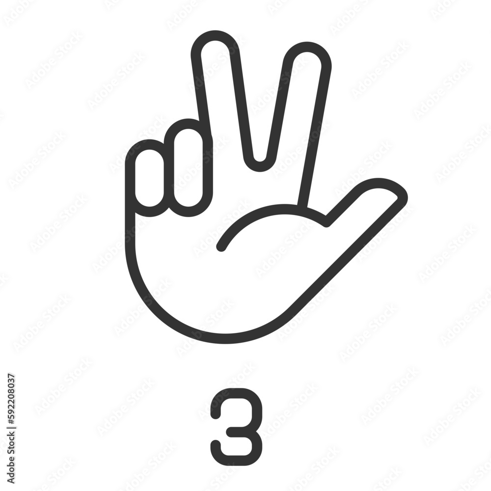 Signing digit three in ASL pixel perfect linear icon. Nonverbal ...