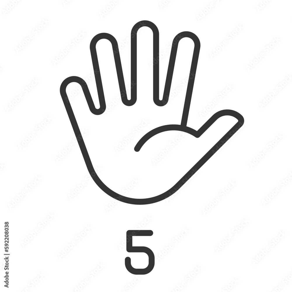 Digit five in American sign language pixel perfect linear icon ...