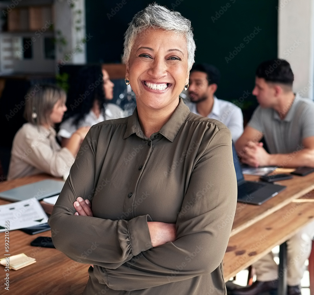 Proud, happy portrait and business woman in meeting for professional ...