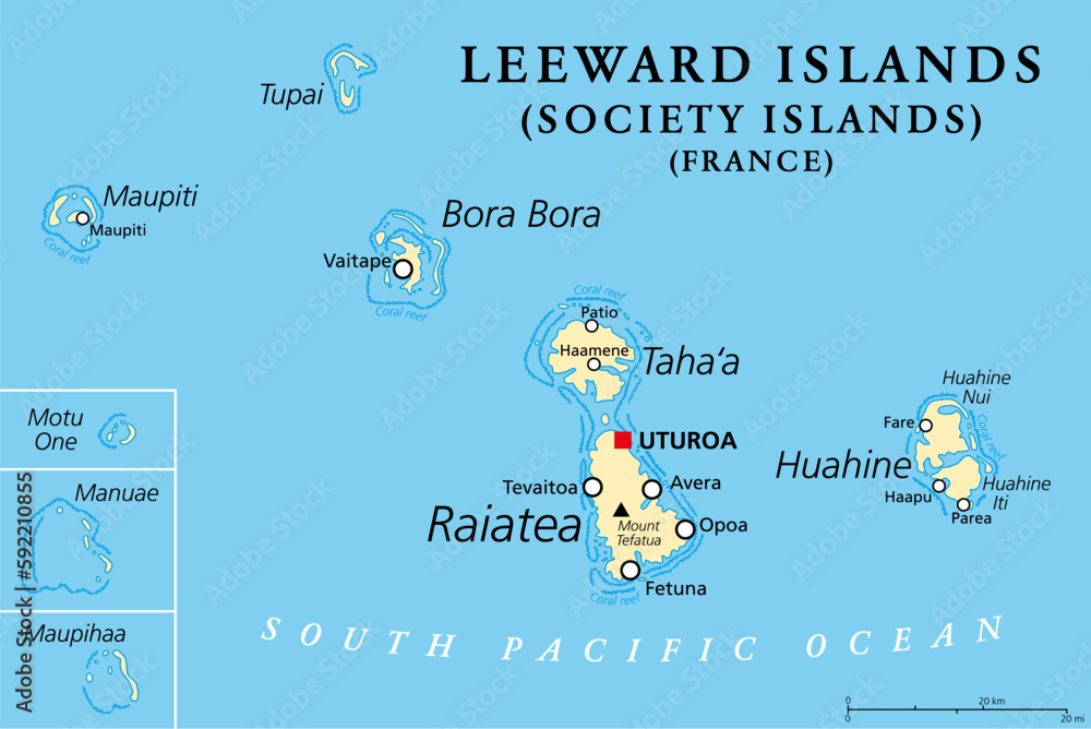 Leeward Islands, political map. Western part of the Society Islands in ...