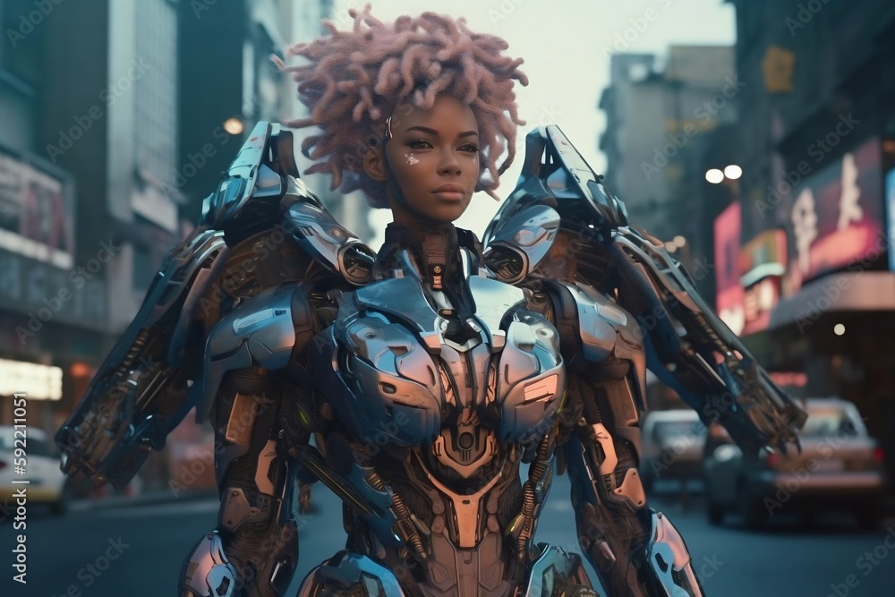 3D african female cyborg mecha rider with in her armor posing with her ...