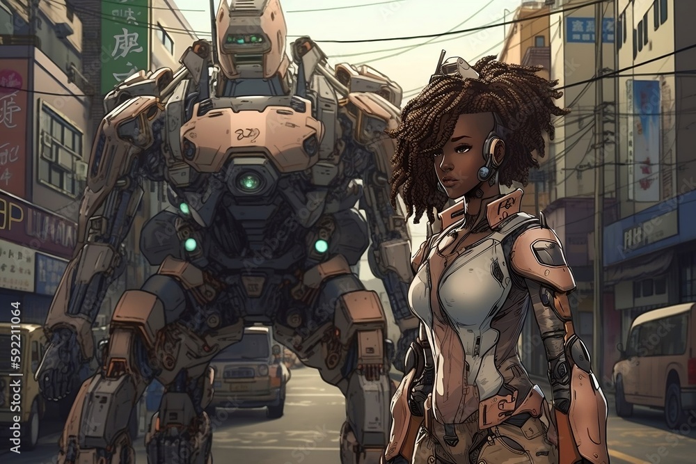 3D african female cyborg mecha rider with in her armor posing with her ...