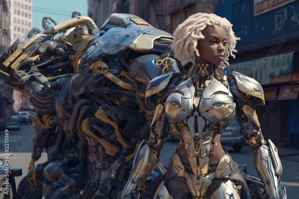 3D african female cyborg mecha rider with in her armor posing with her ...