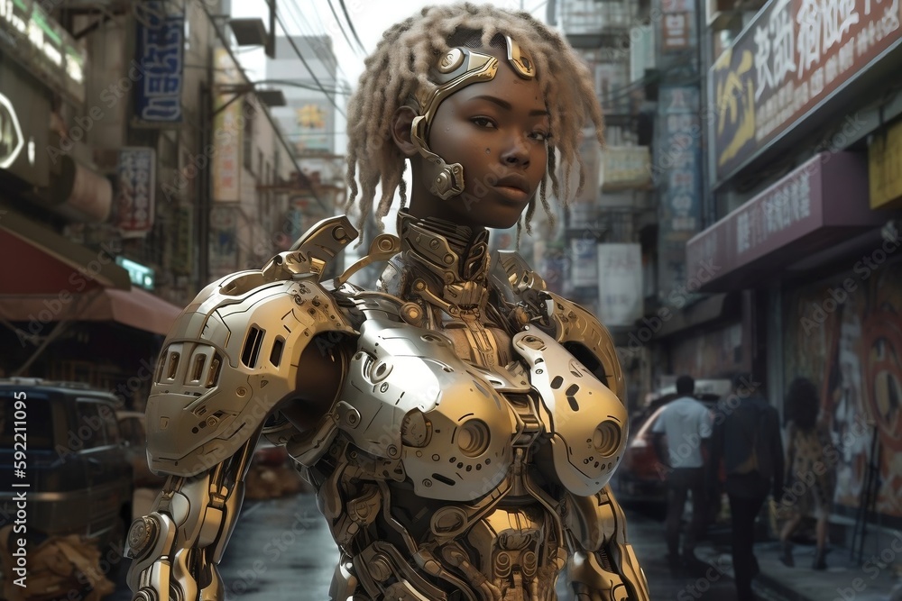 3D african female cyborg mecha rider with in her armor posing with her ...